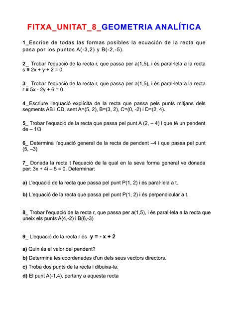 Fitxa Unitat 8 Geometria Analítica Pdf