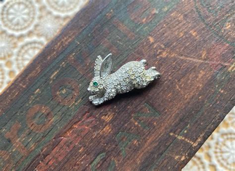 Vintage Leaping Rabbit Brooch Gemmed Silver Tone Green Eyed Rabbit