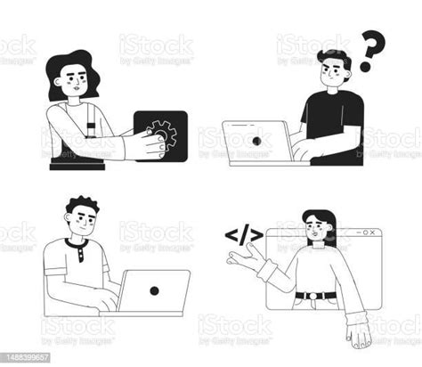 Programmers In It Industry Monochromatic Flat Vector Characters Pack