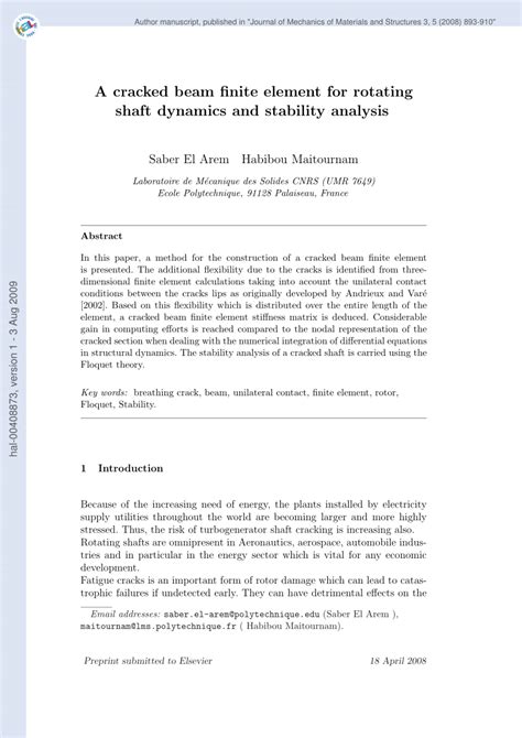 PDF A Cracked Beam Finite Element For Rotating Shaft Dynamics And