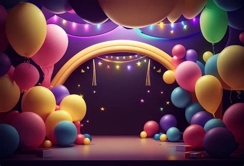 다채로운 풍선과 색종이 생성 인공 지능이 많은 무대의 3d 그림 프리미엄 사진