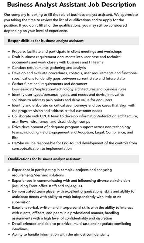 Business Analyst Assistant Job Description Velvet Jobs