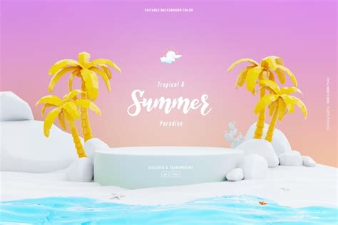 연단 무대 야자수와 해변 개체와 여름 배경 템플릿 구성 무료 Psd 파일