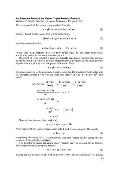 An Alternate Proof Of The Vector Triple Product Formula Mathdl