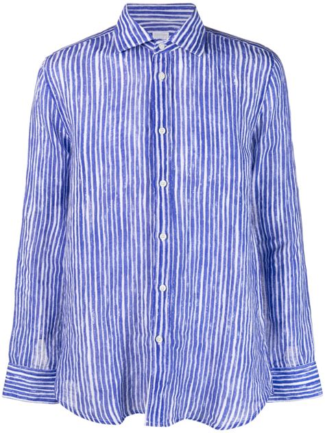 120 Lino Stripe Print Linen Shirt Blue Farfetch Uk