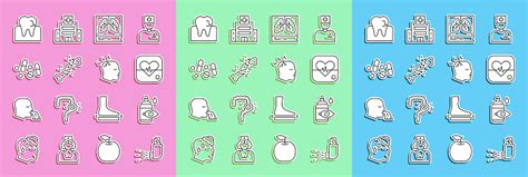 세트 라인 흡입기 눈 방울 병 심박수 폐 엑스레이 인간 부러진 뼈 약 알 약 또는 태블릿 치아와 충치와 두통 아이콘을 가진 남자 벡터 X 레이에 대한 스톡 벡터 아트 및