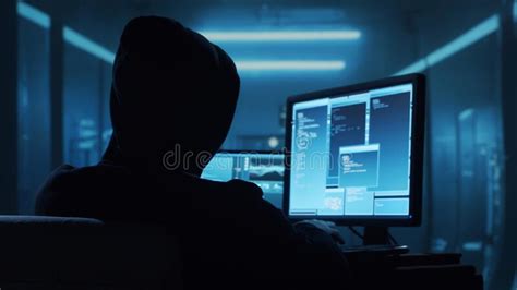Computer Hacker In Hoodie Obscured Dark Face Concept Of Hacker Attack Virus Infected Software