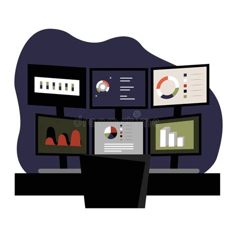 Multiple Screens Displaying Analytical Charts and Graphs. Flat Vector Illustration Symbolizing ...