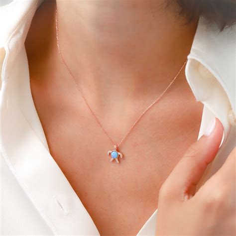 Opal Turtle Necklace Silver Blue Opal Pendant Sea Turtle Necklace