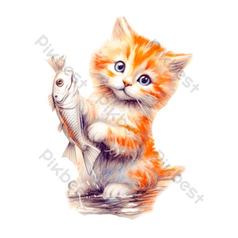 Cat Eating Fish Adorable Illustration Png Images Psd Free Download