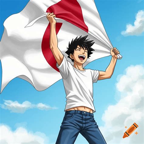 A Young Man Holds Up A Large Japanese Flag In An Anime Style Against A