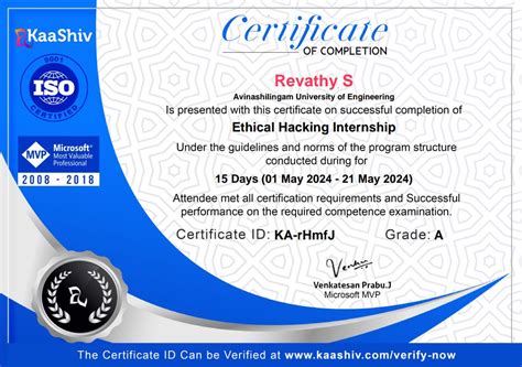 completed a 15 days online internship in ethical hacking revathy s