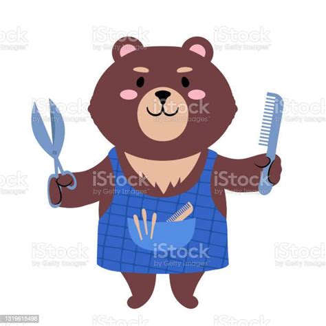 가위와 빗을 가진 앞치마에 귀여운 만화 테디 베어의 벡터 일러스트 가공의 인물에 대한 스톡 벡터 아트 및 기타 이미지 가공의