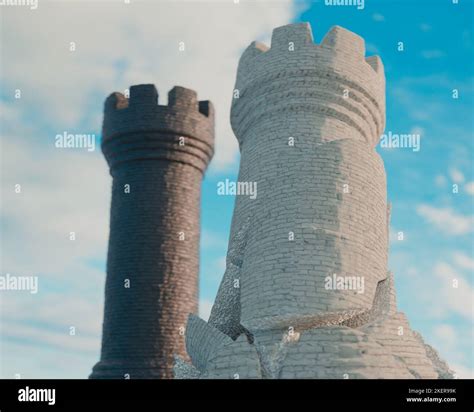 A Black Chess Castle Opposing A Crumbling White Castle On A Chess Board
