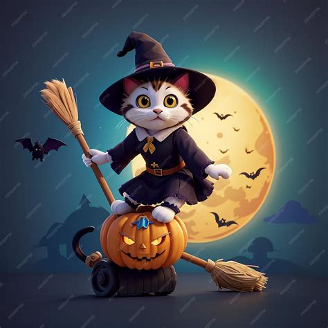 Premium Photo Cute Witch Cat Riding Magic Broom Cartoon Vector Icon