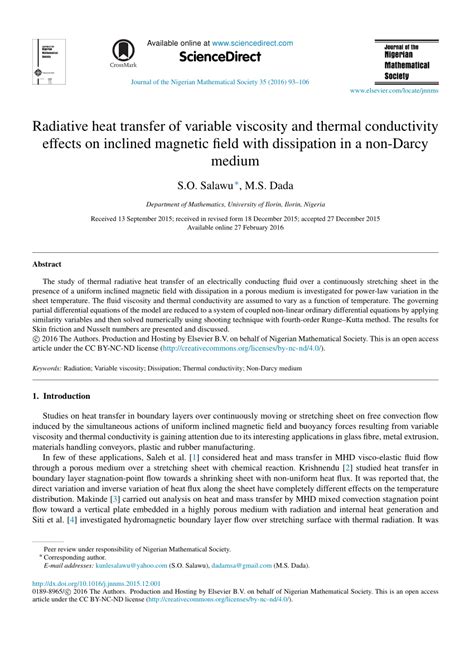 Pdf Radiative Heat Transfer Of Variable Viscosity And Thermal Conductivity Effects On Inclined