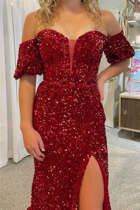 Red Sequin Off The Shoulder Mermaid Long Prom Gown With Puff Sleeves