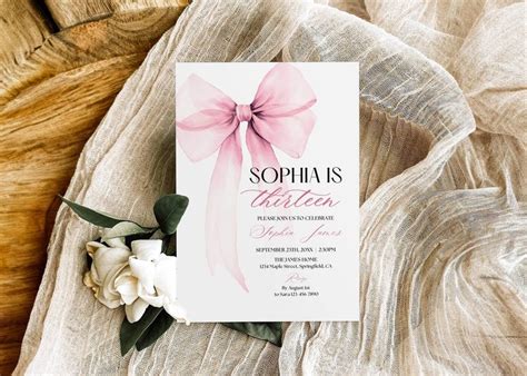 Pink Bow 13th Birthday Party Invitation Template Girl Coquette
