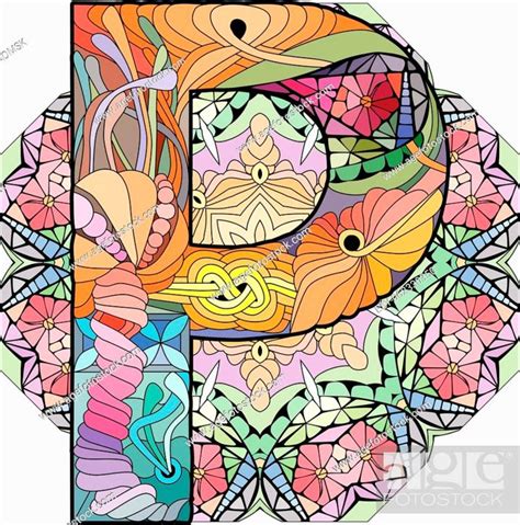 Zentangle Stylized Alphabet Letter P On Mandala Vector Illustration