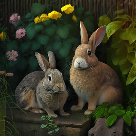 Dos conejos están sentados en un jardín con flores y plantas Foto