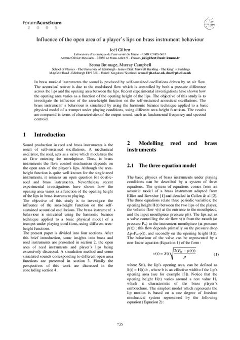 Pdf Influence Of The Open Area Of A Players Lips On Brass Instrument