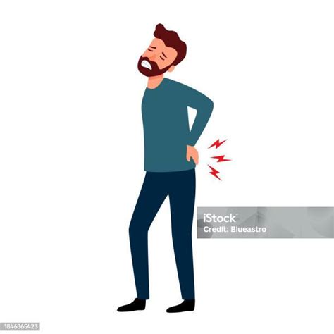 플랫 디자인으로 요통을 앓고 있는 남성 요통 증상 근육 또는 뼈 문제 건강관리와 의술에 대한 스톡 벡터 아트 및 기타 이미지