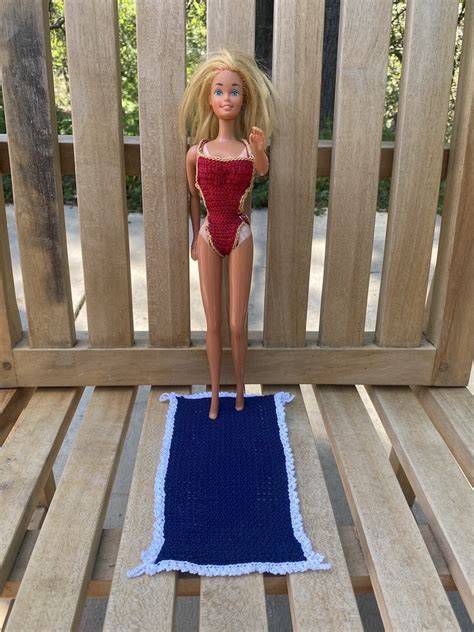 Crocheted Red Barbie Swimsuit And Navy Wrap Beach Towel Etsy