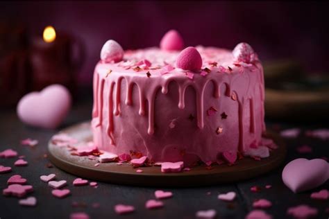 Pink Cake With Hearts Shapes Ornaments Generate Ai