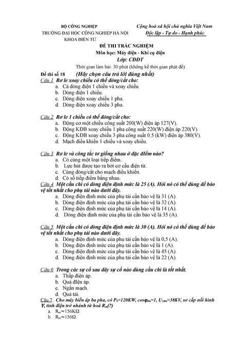 123doc De Thi Trac Nghiem Mon Hoc May Dien Khi Cu Dien De So 18