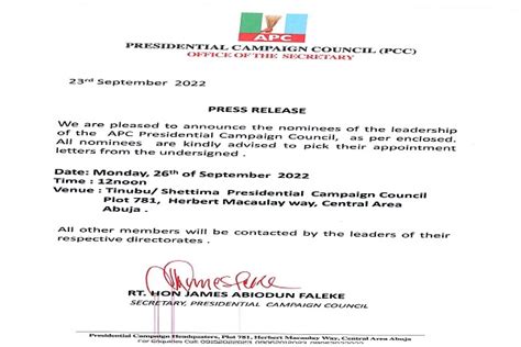 Full List Of Apc Presidential Campaign Council The Nation Newspaper