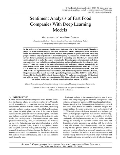 Pdf Sentiment Analysis Of Fast Food Companies With Deep Learning Models
