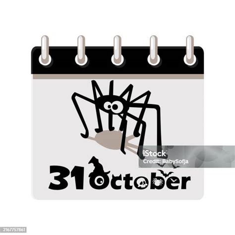 귀여운 거미와 함께 할로윈 데이트 달력 10월 31일 해피 할로윈 데이 달력 또는 당신의 인쇄의 페이지를 위한 그림 인사말 카드 10월에 대한 스톡 벡터 아트 및 기타