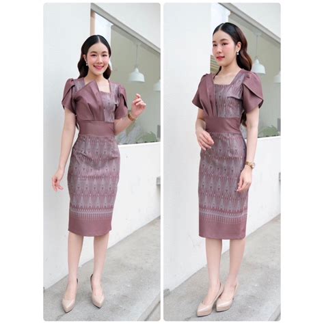 เดรสลายไทย จีบอก เรียบหรูดูแพง Shopee Thailand