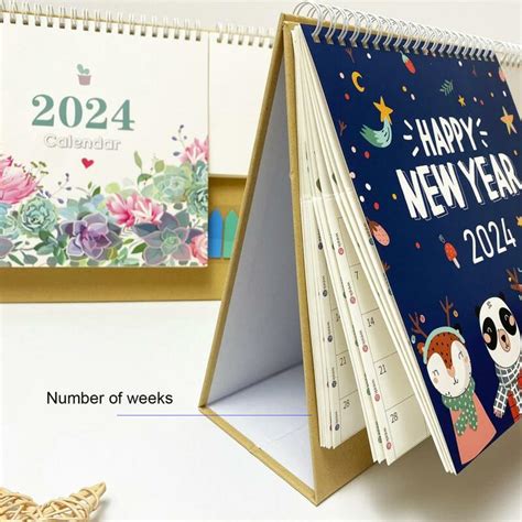 포켓 메모장 라벨이 있는 2024 영어 책상 달력 12 개월 2024 월별 일정 플래너 데스크탑 달력 달력 플래너 및 카드
