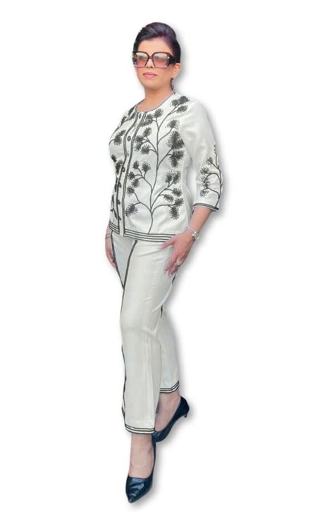 White Co Ord Set With Black Beads Embroidery Jasminum