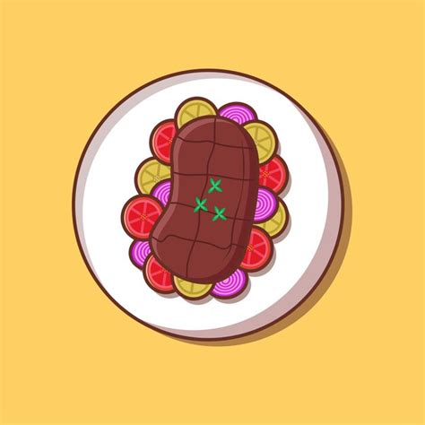 음식 아이콘을 위해 신선한 양파와 레몬 토마토를 곁들인 구운 쇠고기 프리미엄 벡터