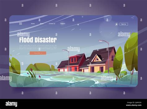 Flood Disaster Banner With Water Stream On Street With Houses At Rainy