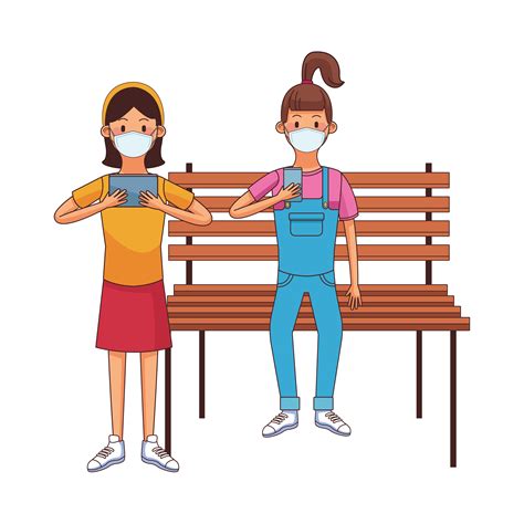 Young Women Wearing Medical Masks Using Technology 1424512 Vector Art