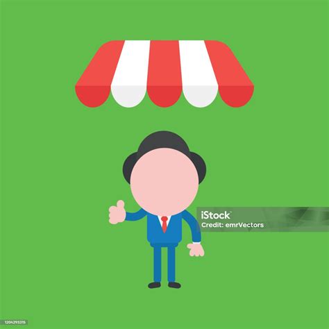 녹색 배경에 상점 차양 에서 엄지 손가락을 주는 사업가 캐릭터의 벡터 일러스트 개념 가공의 인물에 대한 스톡 벡터 아트 및 기타