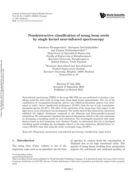 Pdf Nondestructive Classification Of Mung Bean Seeds By Single Kernel Near Infrared Spectroscopy