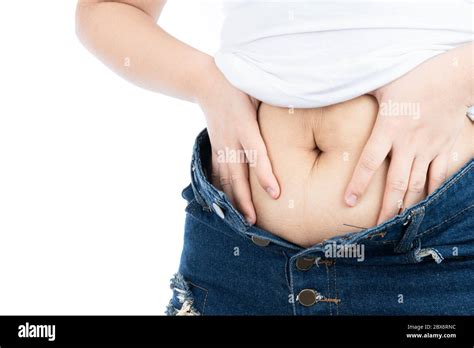 Fat Woman Holding Excessive Fat Belly Overweight Fatty Belly Isolated