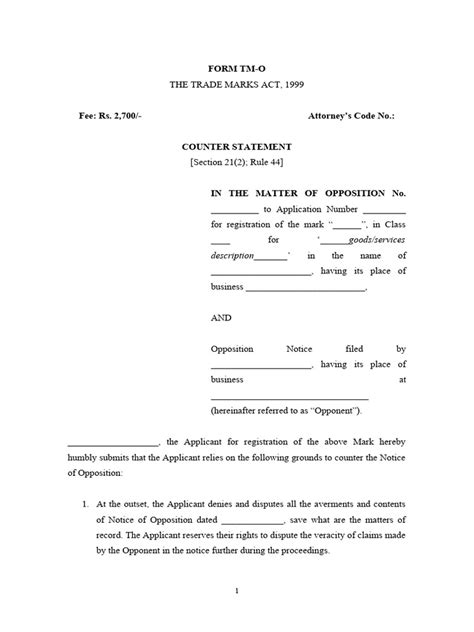 Tmo Counter Statement Sample Pdf Trademark Common Law