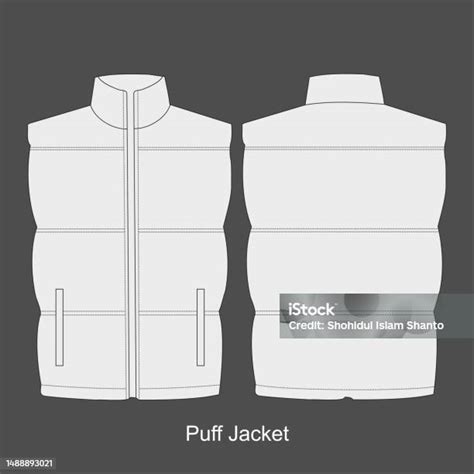 스트리트웨어 패딩 재킷 테크니컬 드로잉 모형 재킷 기술 도면 템플릿 짧은 소매 주머니 앞면과 뒷면보기 흰색 여성 남녀 공용 Cad 모형 의류 템플릿 스케치 테크 팩 의류