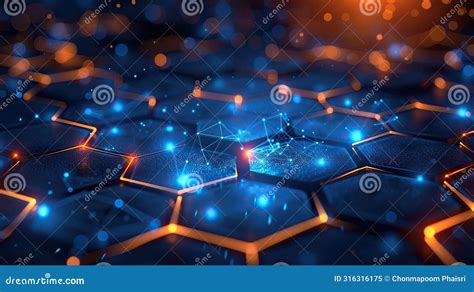 Abstract Glowing Blue And Orange Neural Network On A Hexagonal