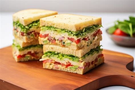 Premium AI Image A Triple Decker Sandwich Cut Diagonally On A Chopping Board