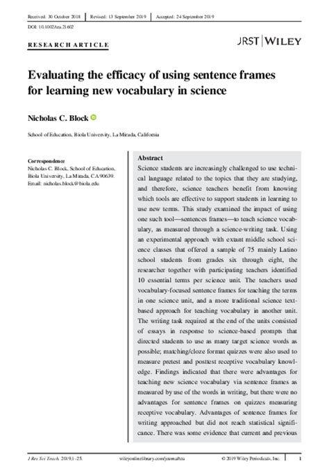 Pdf Evaluating The Efficacy Of Using Sentence Frames For Learning New