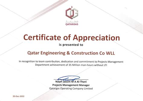 Qatargas Certificate Of Appreciation 35 Million Manhours Without LTI Qcon