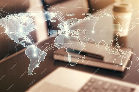 현대 컴퓨터 배경 세계화 개념 다중 노출에 대한 연결이 있는 추상 그래픽 디지털 세계 지도 프리미엄 사진