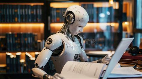Artificial Intelligence Robot Is Conducting Research In A Library Surrounded By Books Aig62
