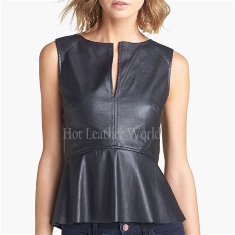 Notched Neckline Women Leather Peplum Top Hotleatherworld